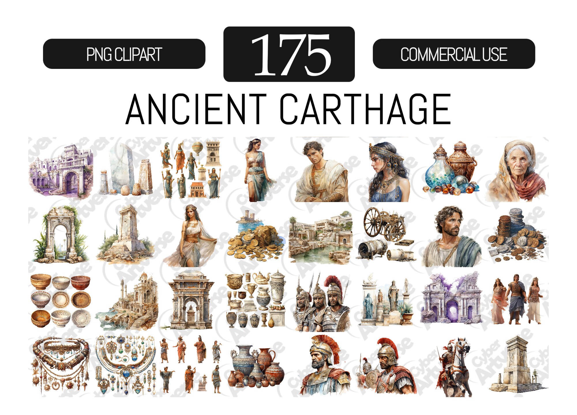 MEGA BUNDLE Ancient Carthage Watercolor Clipart Set Ancient Tunisia ...