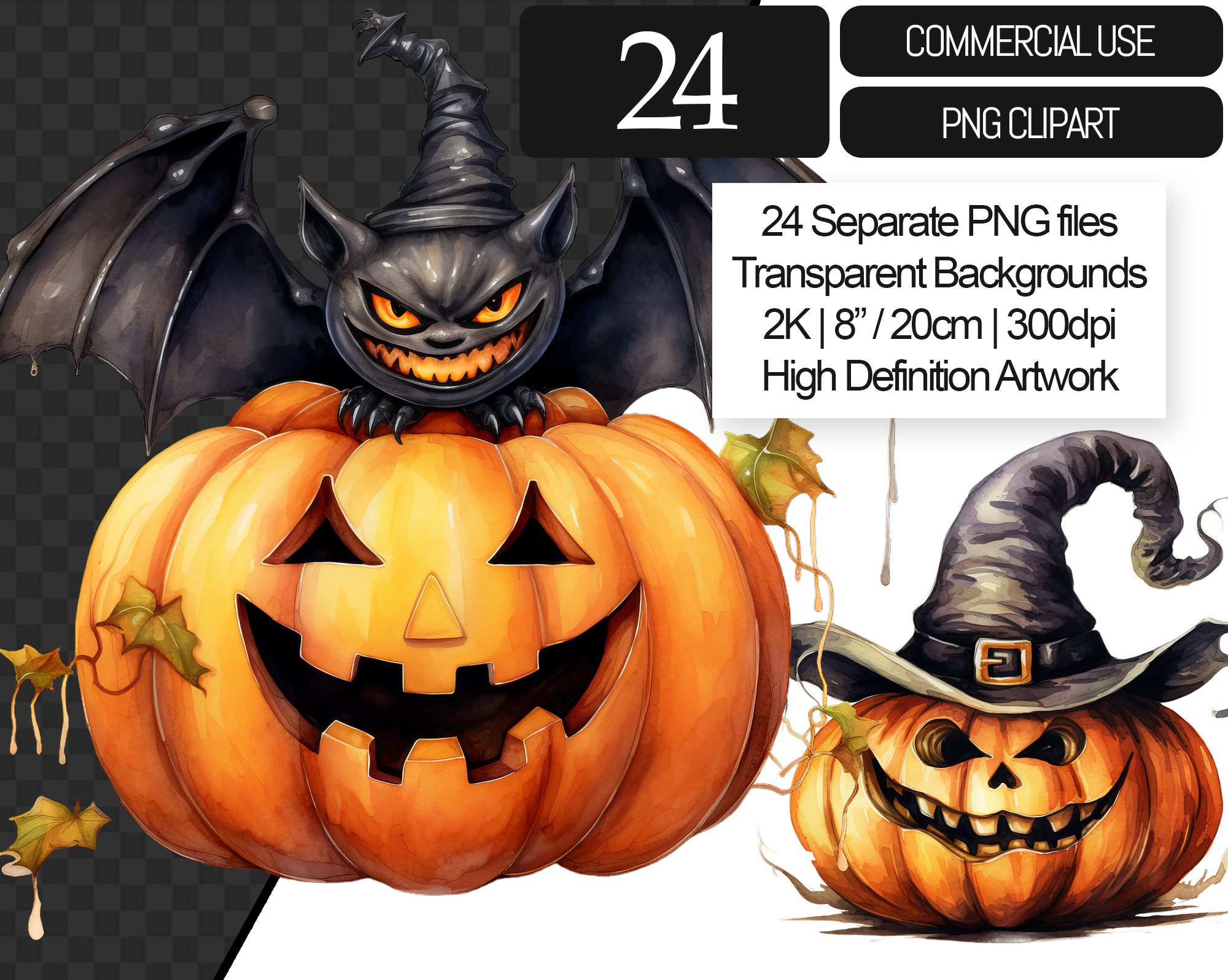 24 Cute Pumpkins Watercolor Clipart Set Halloween - Etsy