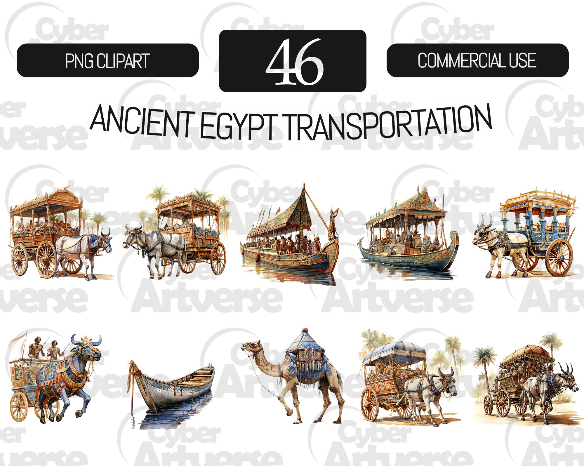 BIG BUNDLE Ancient Egyptian Transportation Watercolor Clipart Set Boats ...