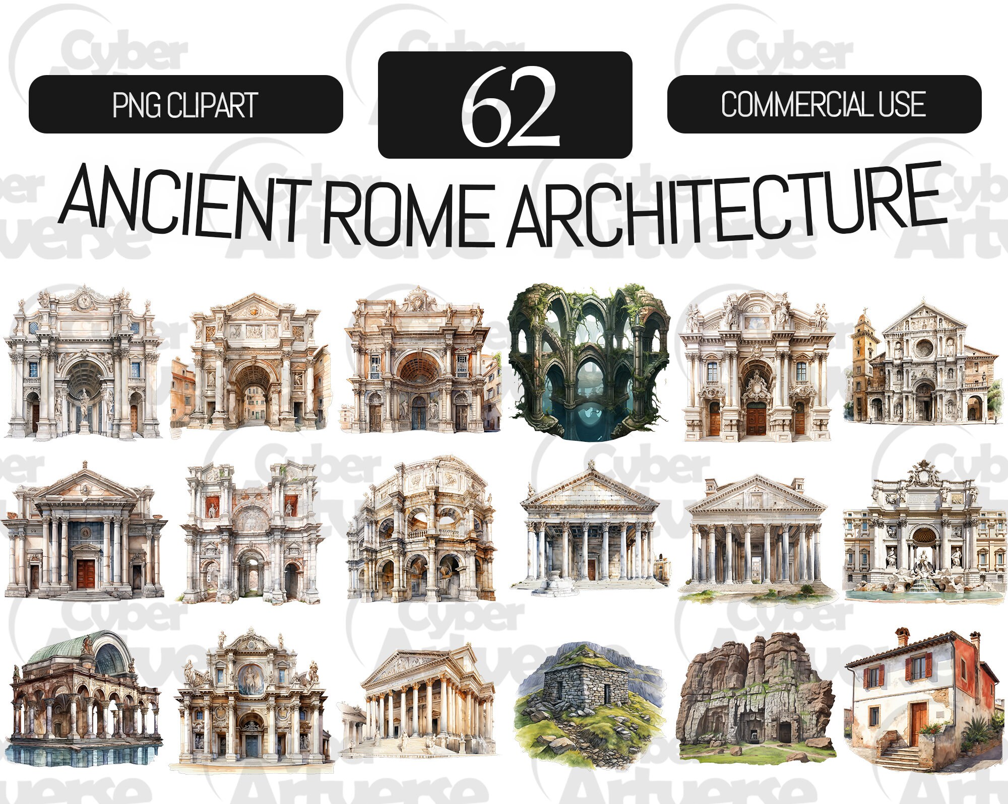 Ancient Roman Architecture Clipart Set: Colosseum & Buildings (62 PNG ...