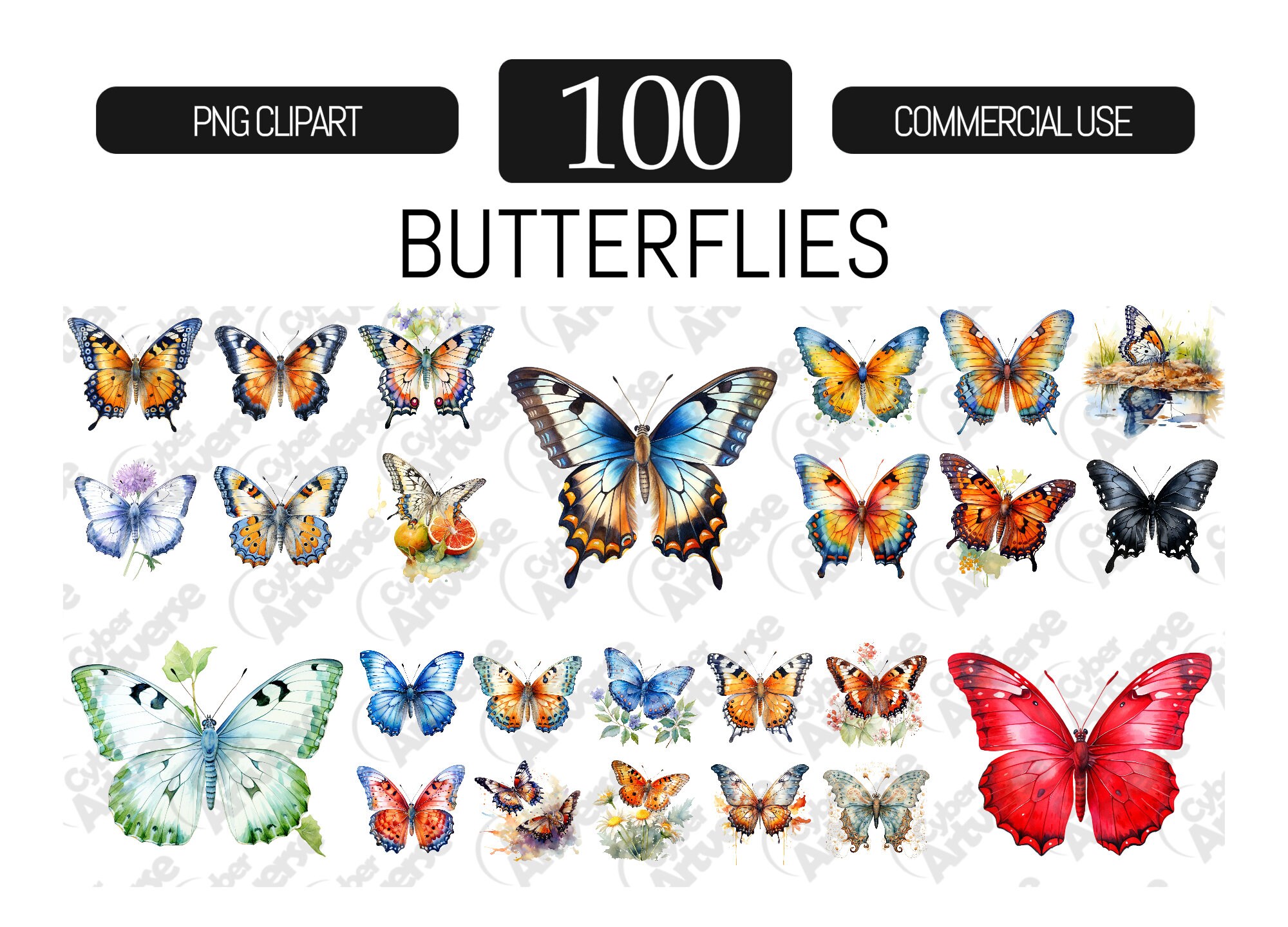 Watercolor Butterflies Clipart Set: 100 PNG Files (digital Download) - Etsy