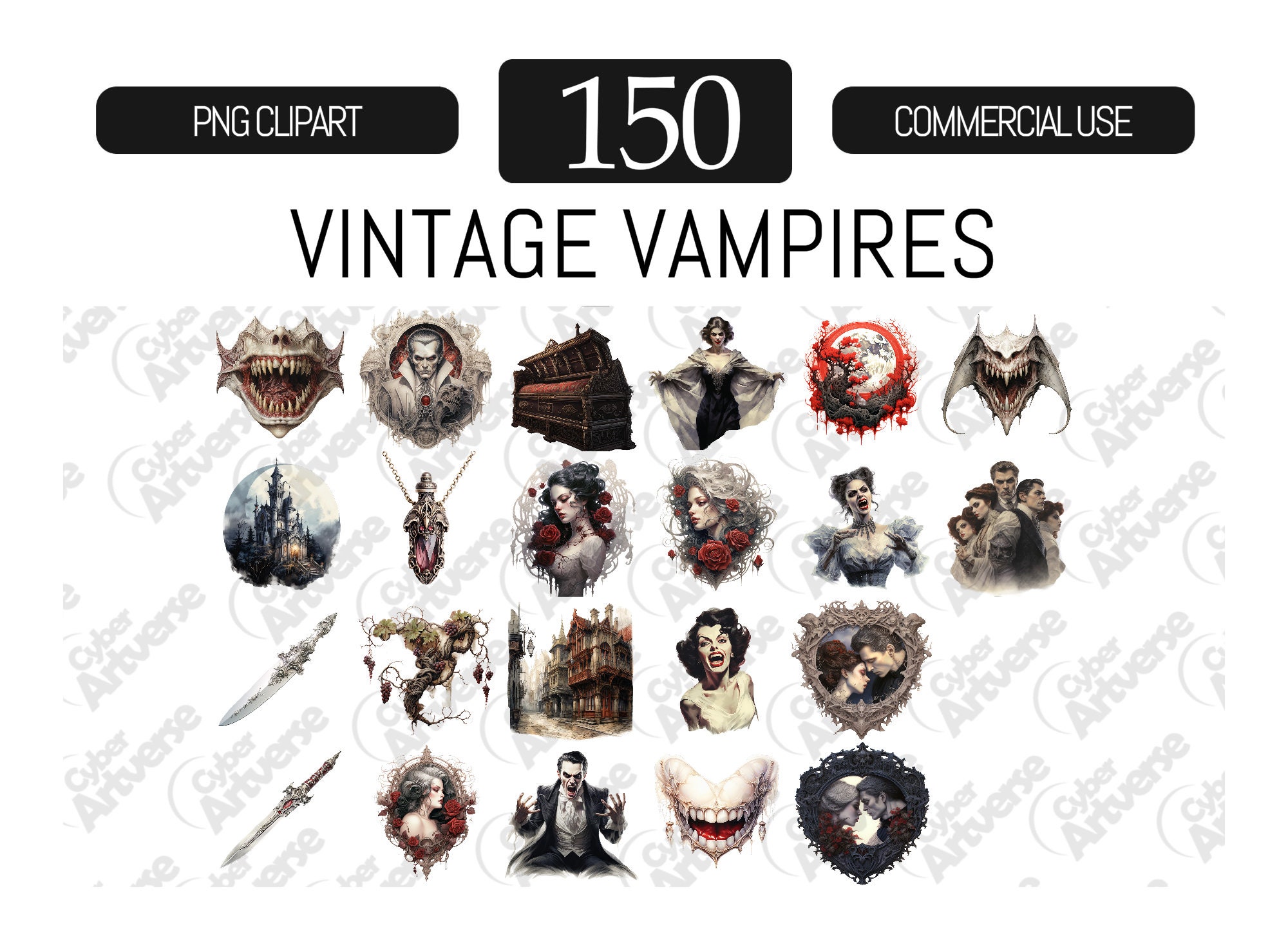 PNG Vintage Vampires Clipart BIG Bundle Dracula, Fangs, Crimson Rose ...