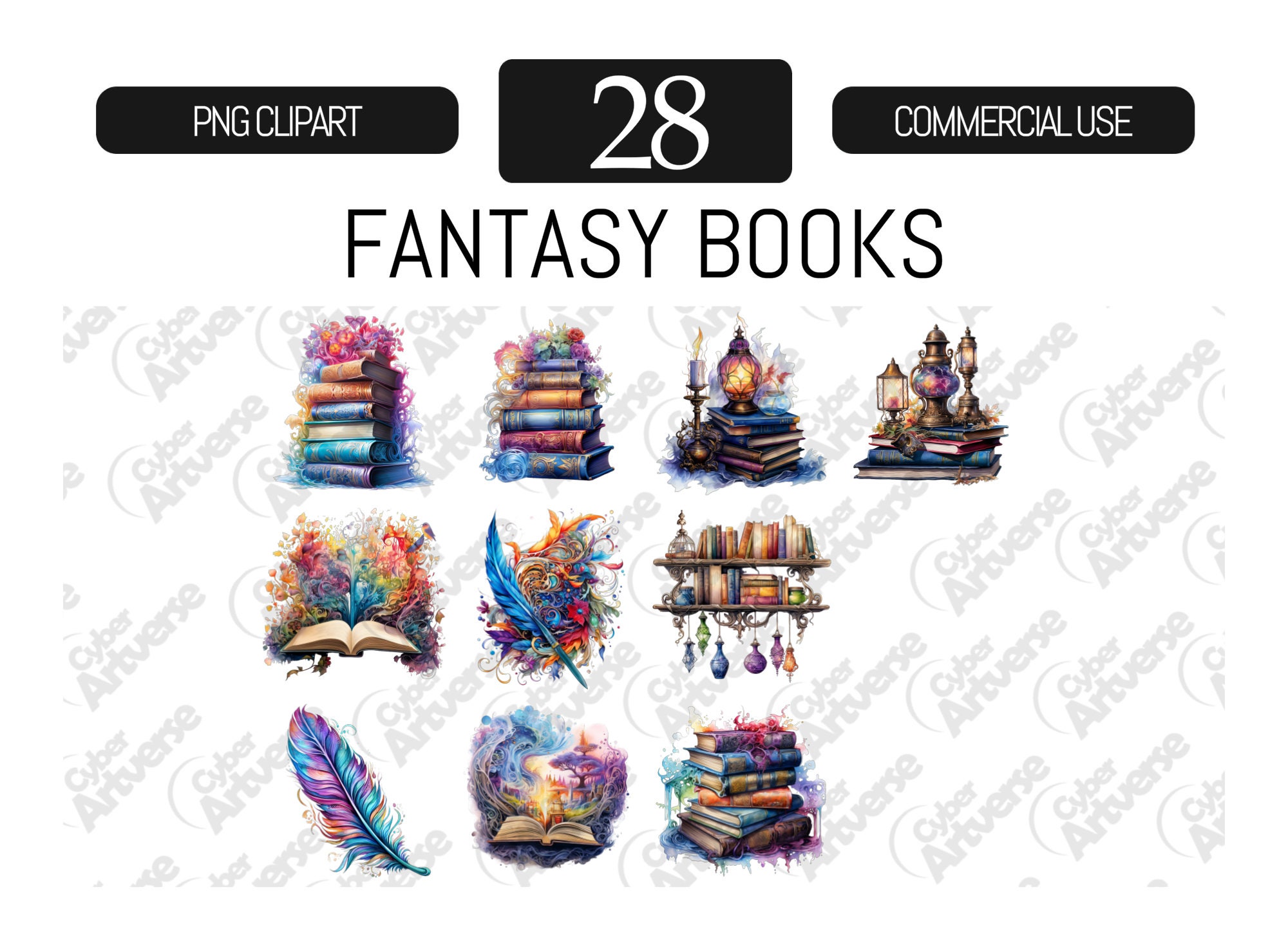 Watercolor Fantasy Books PNG Clipart Bundle: Magical Scrapbook Graphics ...