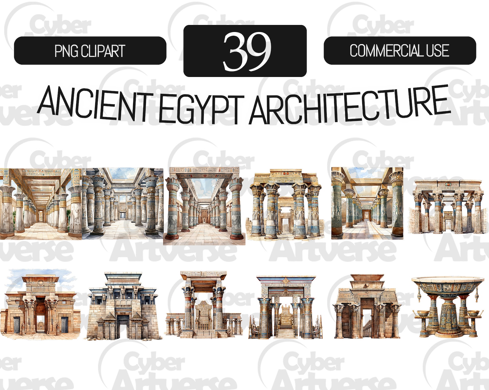PNG BUNDLE Ancient Egypt Architecture Watercolor Clipart Set Pyramids ...
