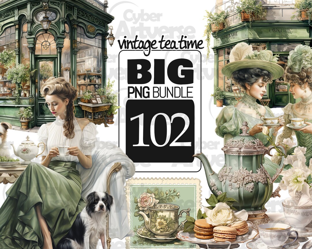 PNG Vintage Tea Time Clipart BIG Bundle - Green Watercolor Collection ...