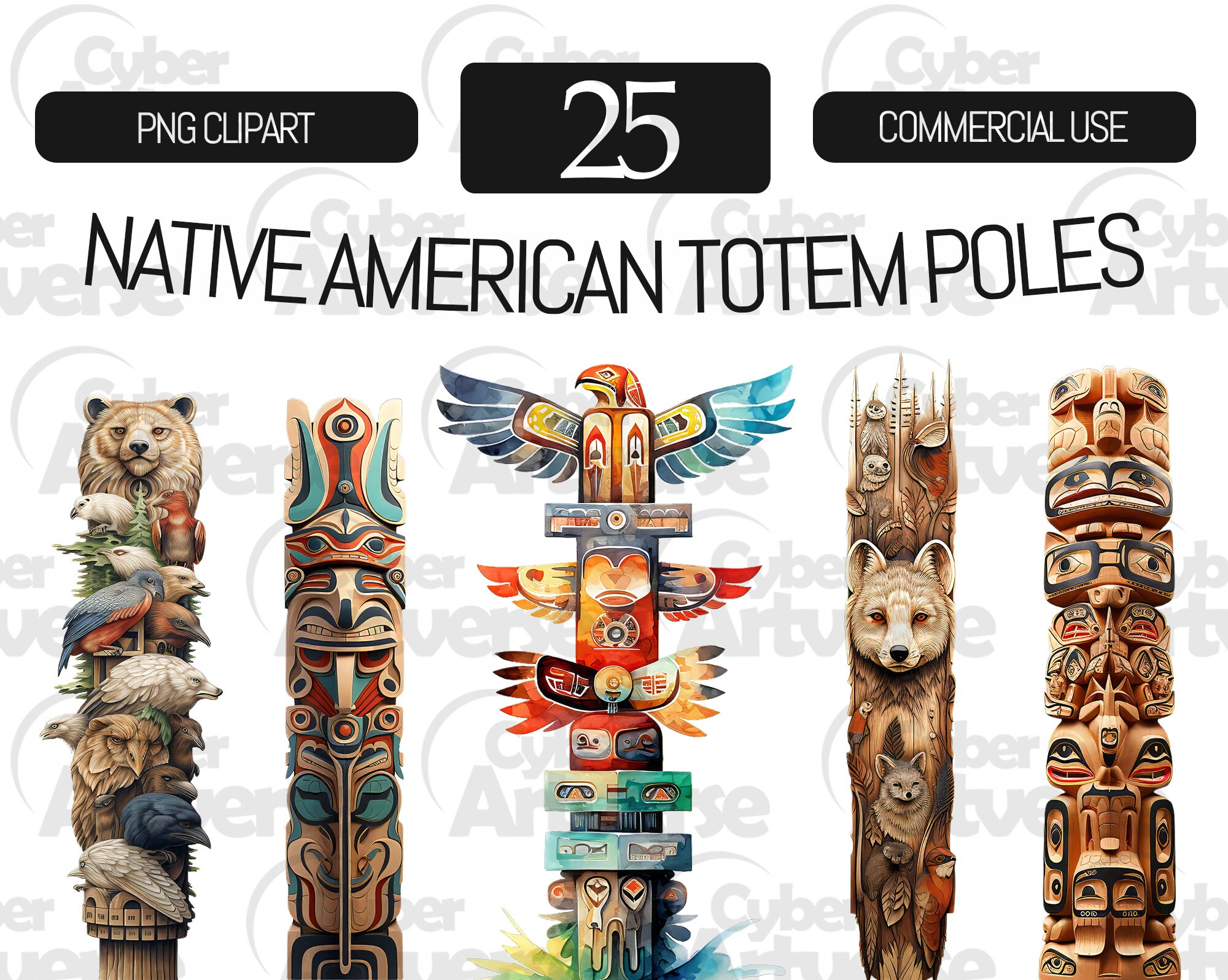 Native American Totem Pole Clipart: Spiritual PNG Bundle for ...