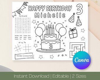 Safari Birthday Coloring Placemat Activity Sheet, Jungle Birthday ...