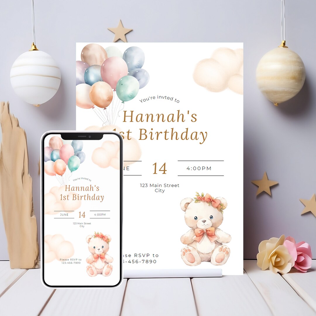 Editable Teddy Bear Birthday Invitation Template, Teddy Bear Baby ...