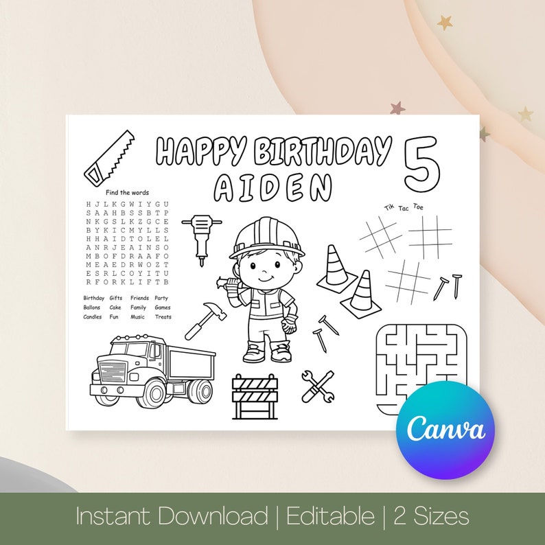 Custom Construction Birthday Coloring Placemat Activity Sheet - Etsy