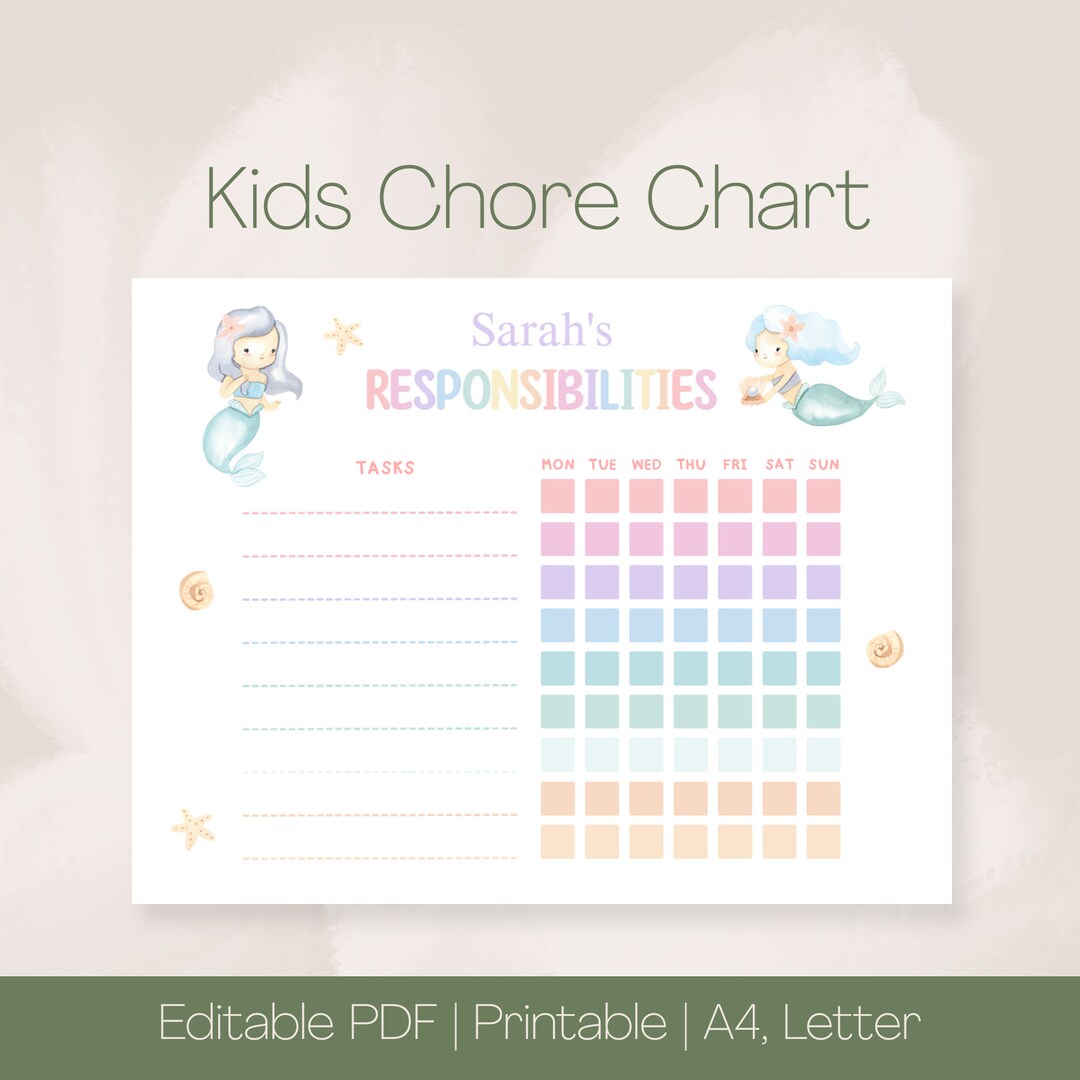 Mermaid Chore Chart Kids Chore Chart Kids Responsibility - Etsy
