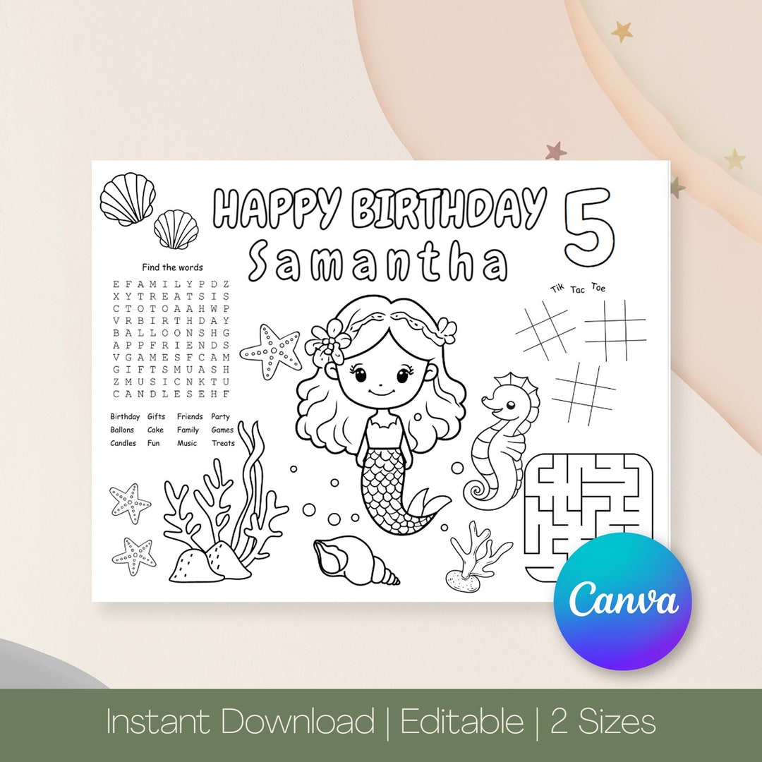 Mermaid Birthday Coloring Placemat Activity Sheet, Kids Coloring Page ...