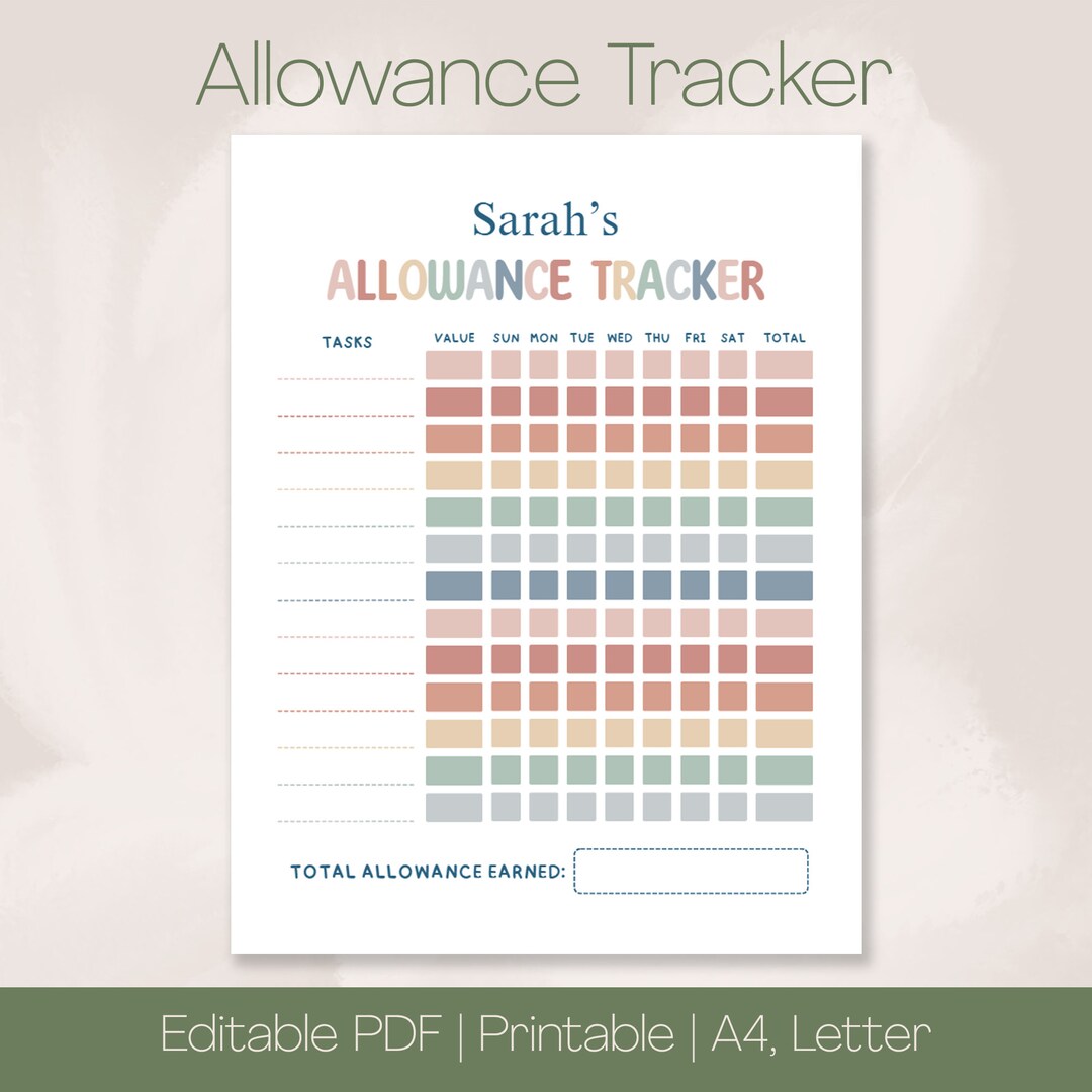 Allowance Tracker for Kids, Kids Allowance Chore Chart Printable ...