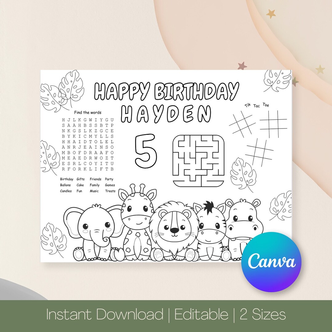 Safari Birthday Coloring Placemat Activity Sheet, Jungle Birthday ...