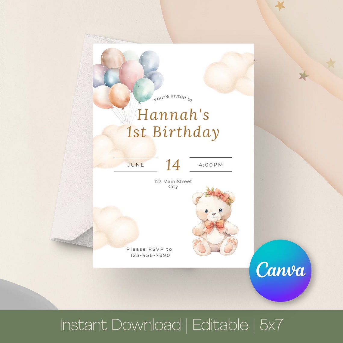 Editable Teddy Bear Birthday Invitation Template, Teddy Bear Baby ...