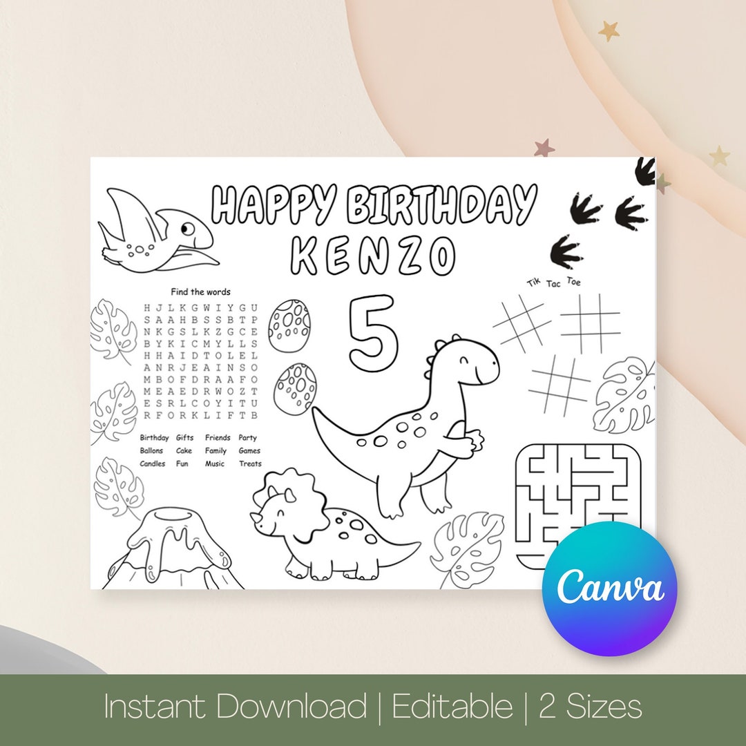 Dinosaur Birthday Coloring Placemat Activity Sheet, Printable Coloring ...
