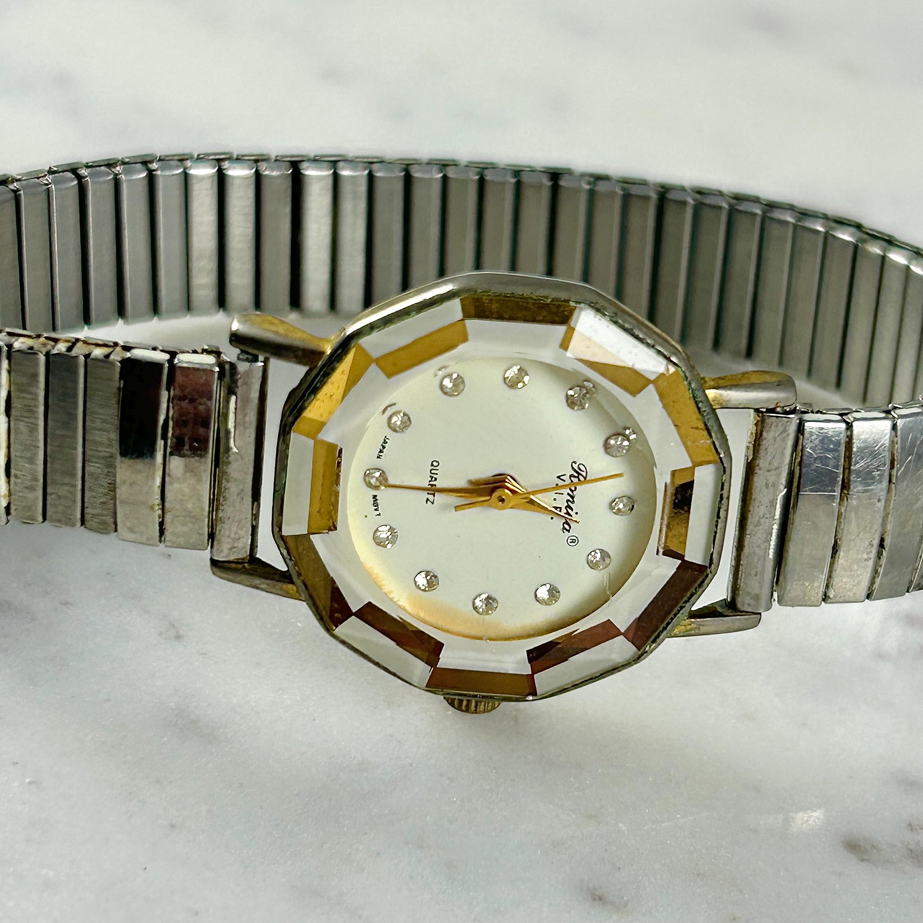 Womens Watch Silver Tone With Gold and White Bezel, Ronica VIP Stretch ...