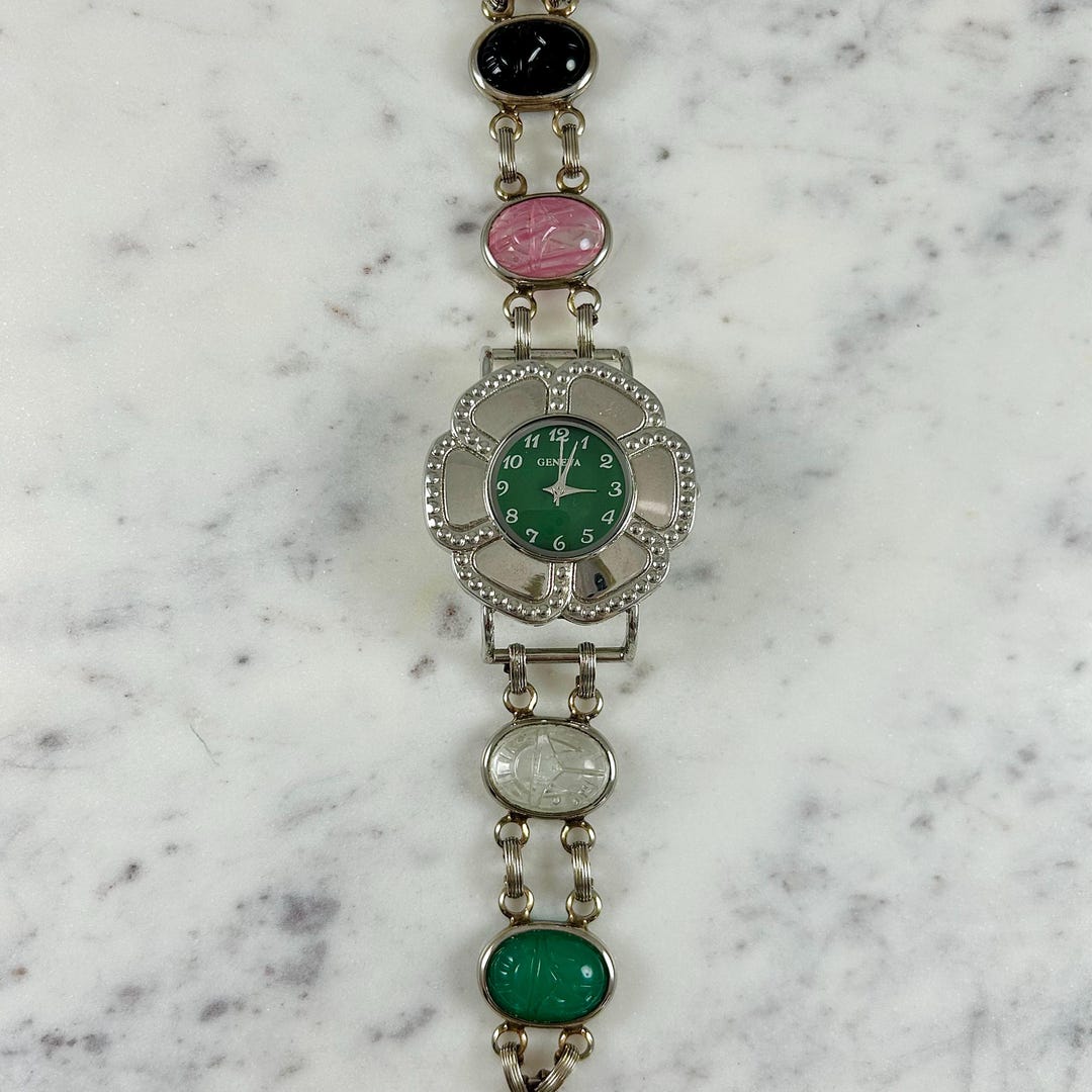 Womens Watch Silver Tone Colorful Gemstone Scarab Flower Watch, Watches ...