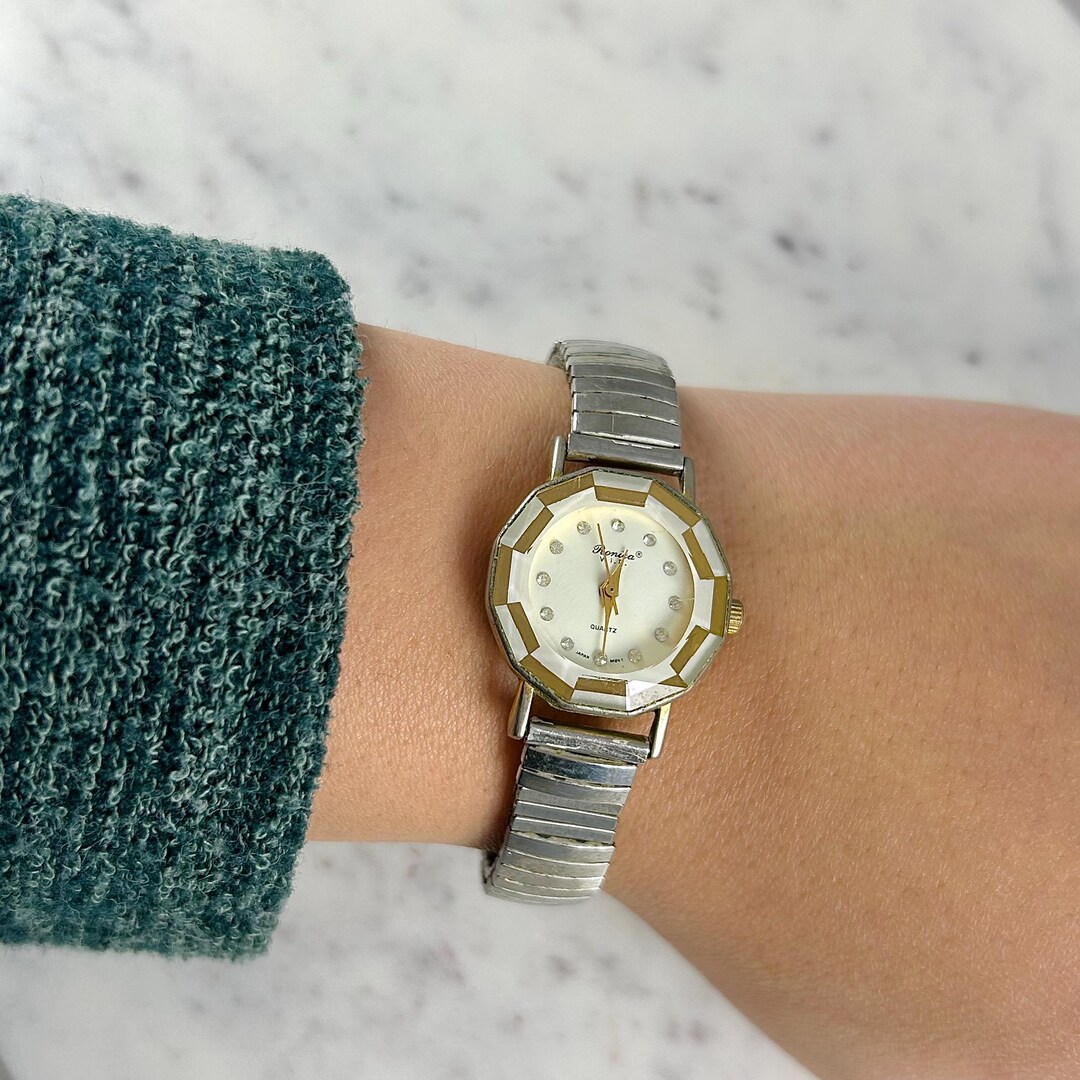 Womens Watch Silver Tone With Gold and White Bezel, Ronica VIP Stretch ...