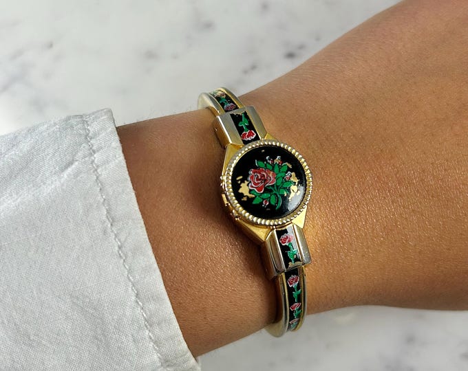 Gold Tone Peek-a-boo Vintage Womens Watch, Black With Flower Detailing ...