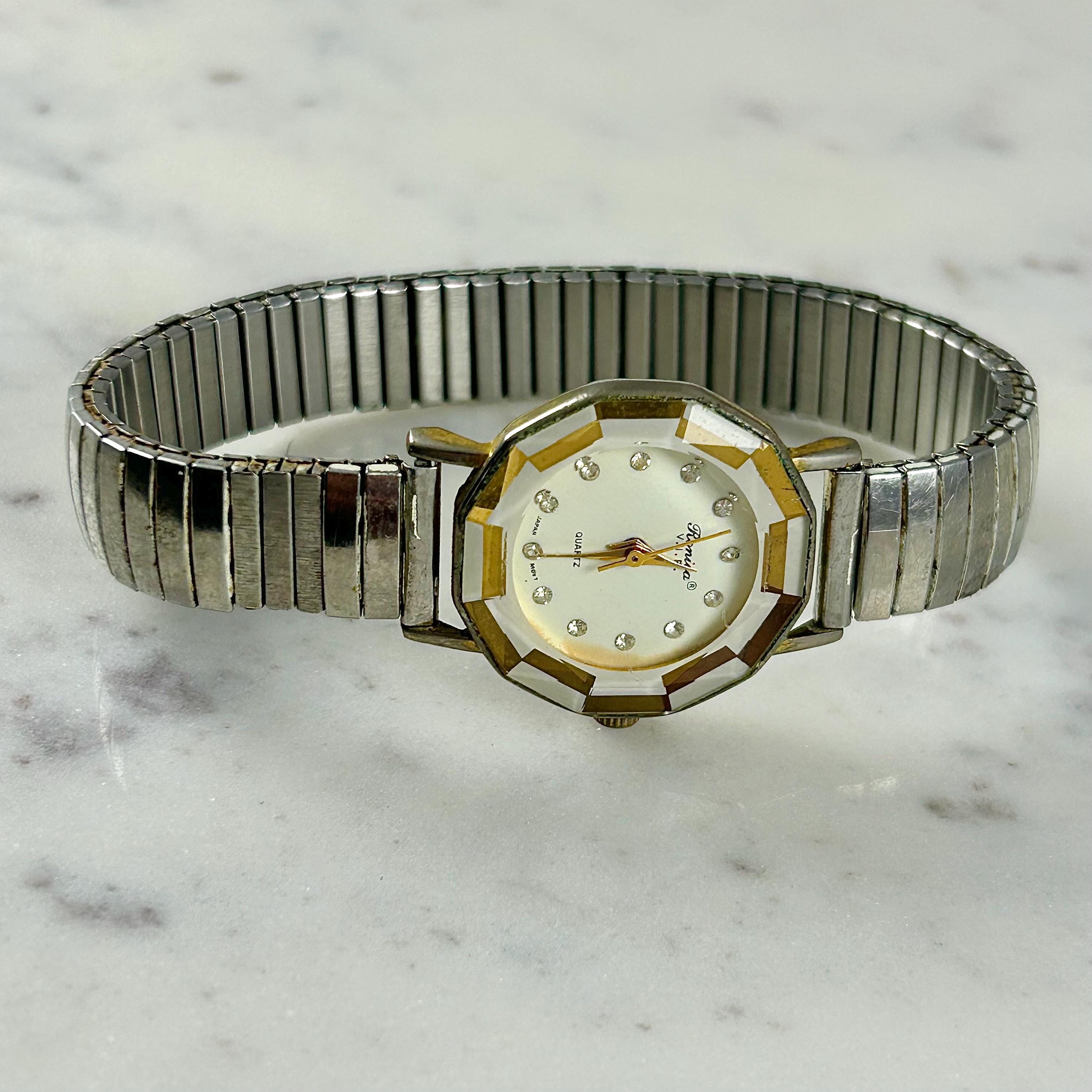 Womens Watch Silver Tone With Gold and White Bezel, Ronica VIP Stretch ...