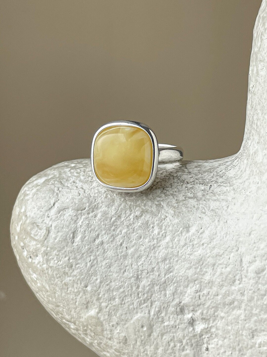 Matte Amber Ring Silver Large Stone Ring Yellow Stone Bold - Etsy