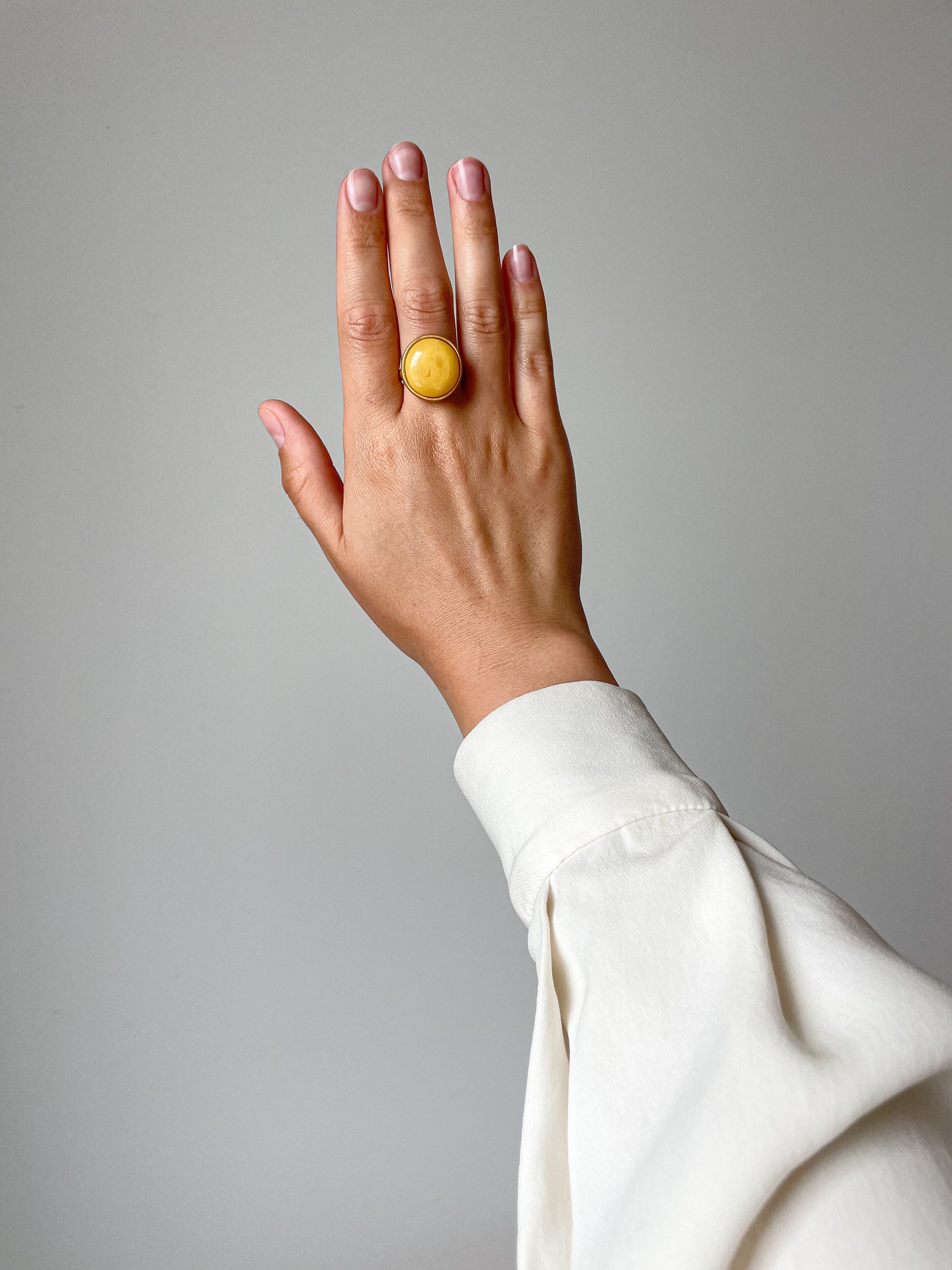 Butterscotch Amber Ring Round Chunky Ring Gold Plated Silver Large ...