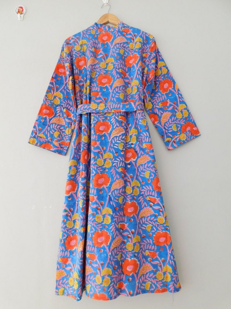 Hand Block Print Kimono Robe, Cotton Bathrobe, Lightweight Cotton Robe ...