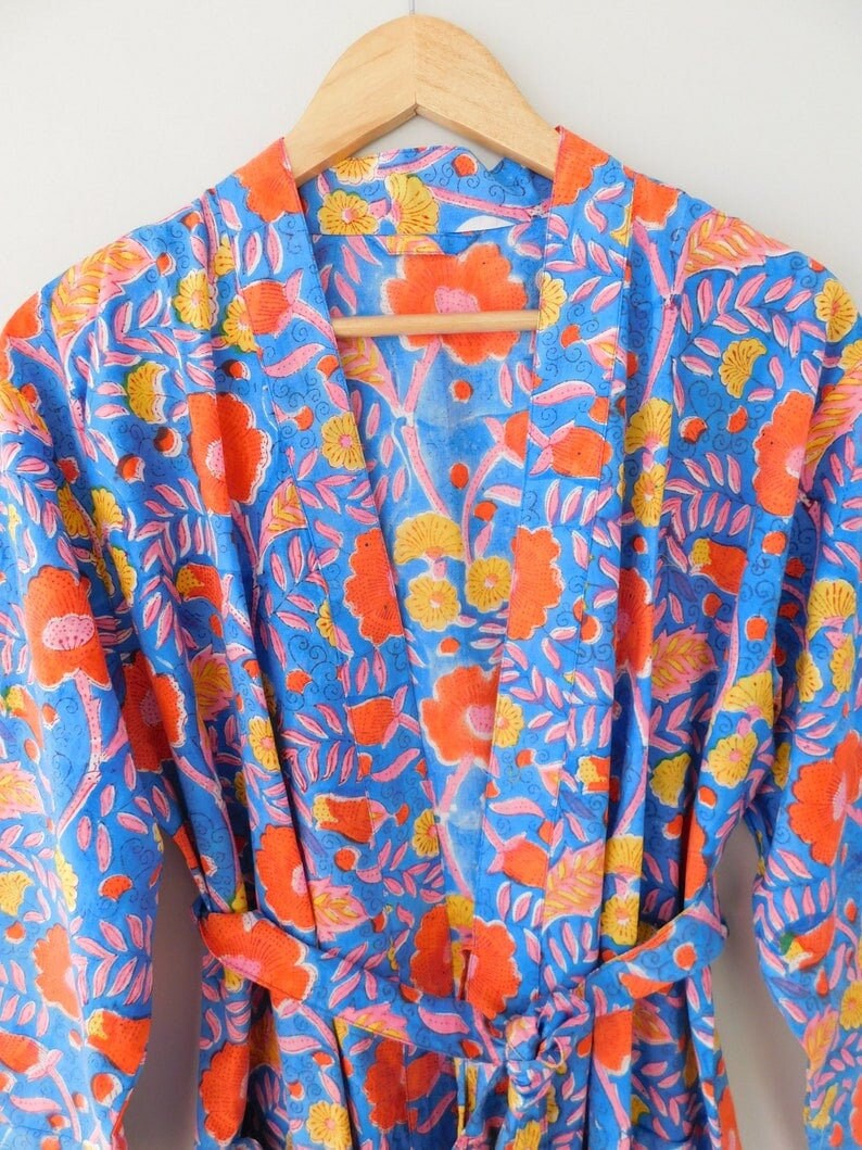 Hand Block Print Kimono Robe, Cotton Bathrobe, Lightweight Cotton Robe ...