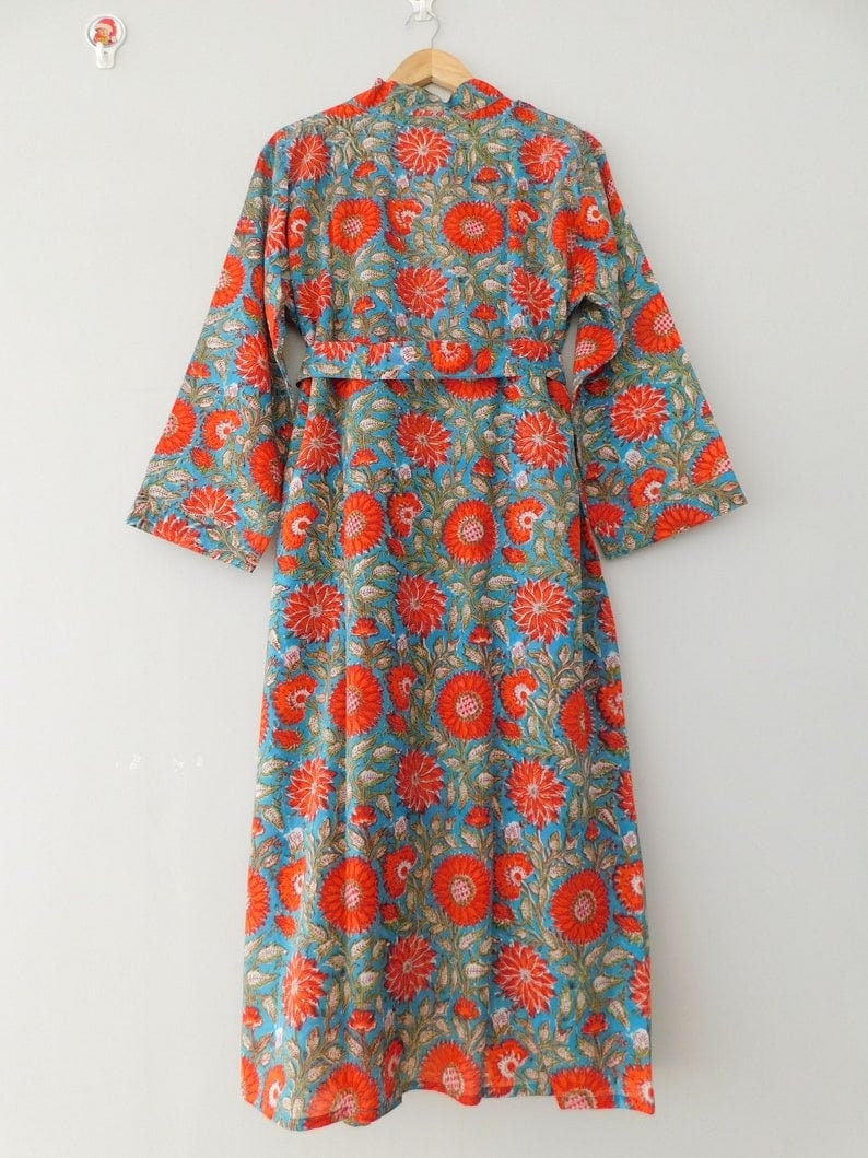 Hand Block Print Kimono Robe, Cotton Bathrobe, Lightweight Cotton Robe ...