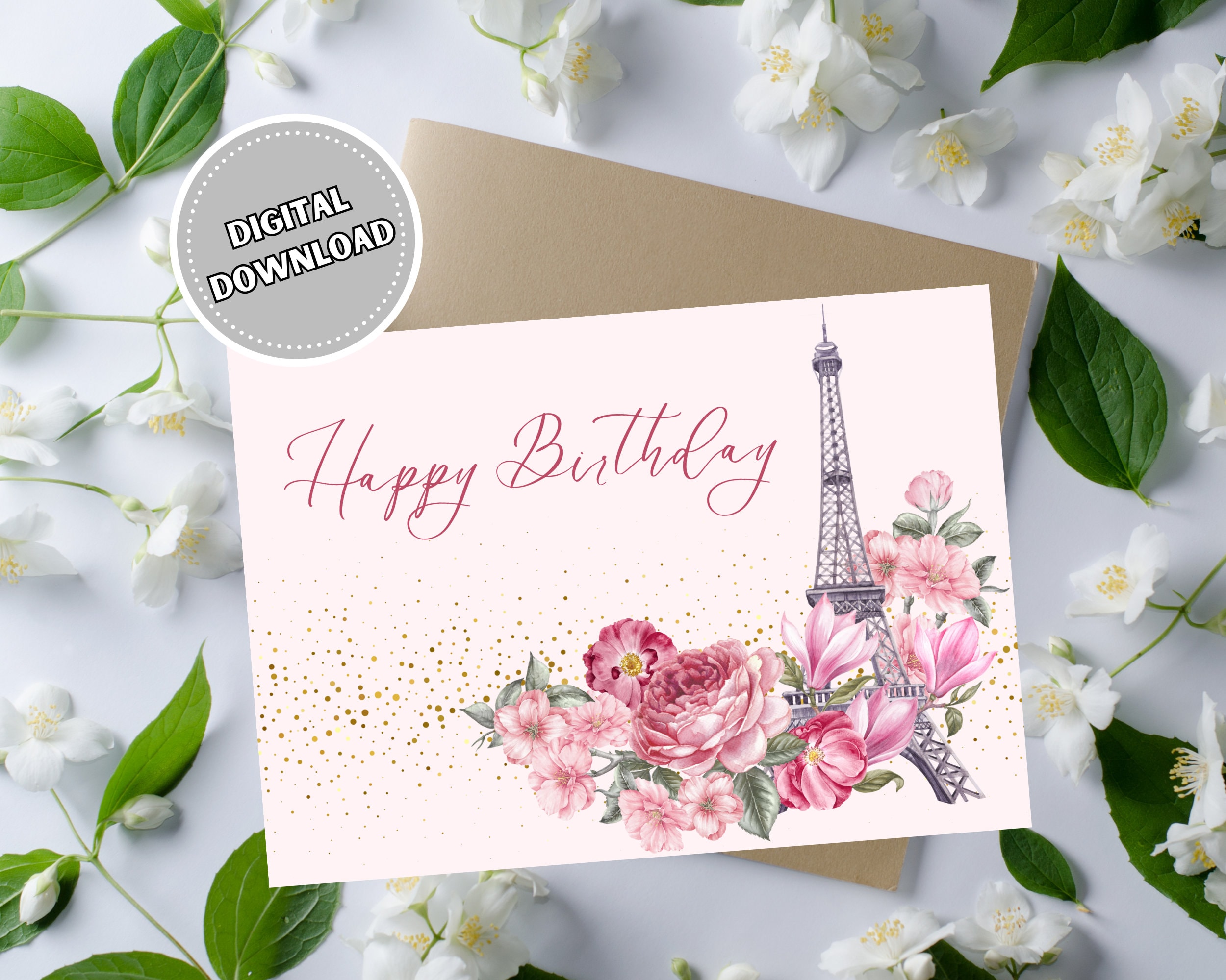 Happy Birthday Eiffel Tower Card, 5x7 Instant Download Parisian Blank ...