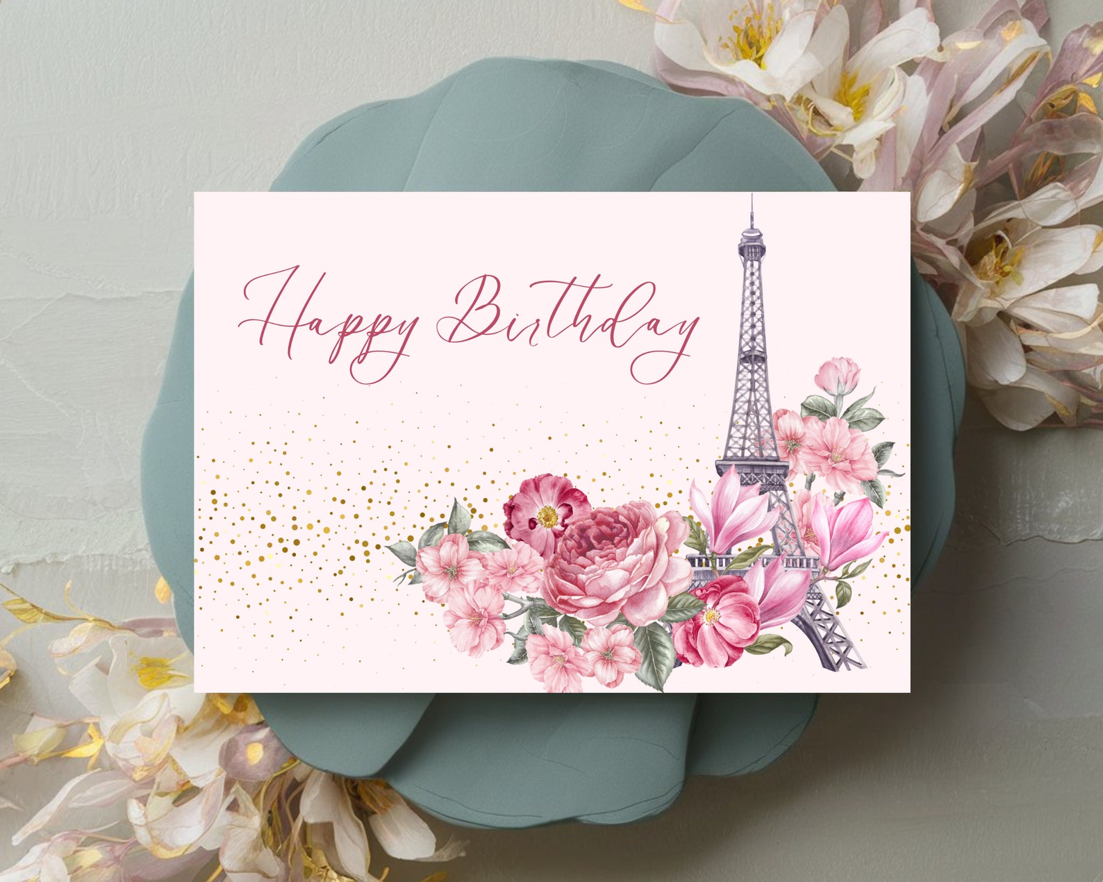 Happy Birthday Eiffel Tower Card, 5x7 Instant Download Parisian Blank ...