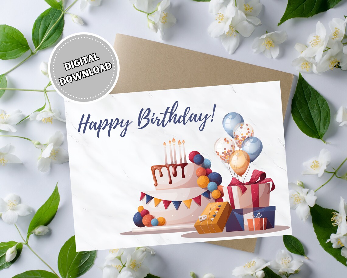 Happy Birthday Card for Boy With Cake and Balloons, 5x7 Printable ...