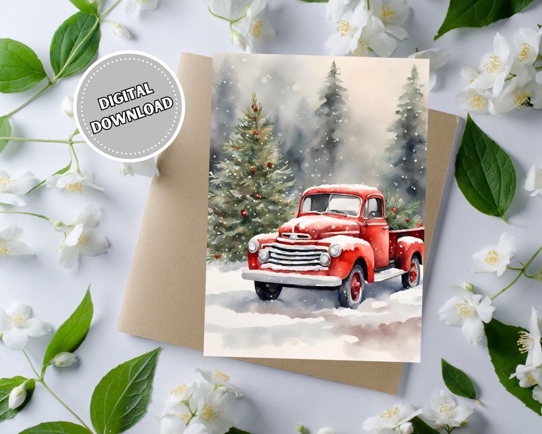Red Truck Christmas Card, 5x7 Printable Blank Greeting Card, Winter ...