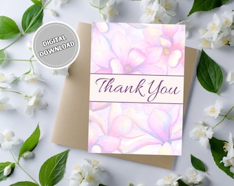 Thank You Card, Watercolor Flower Printable Card Greeting Card, Instant ...