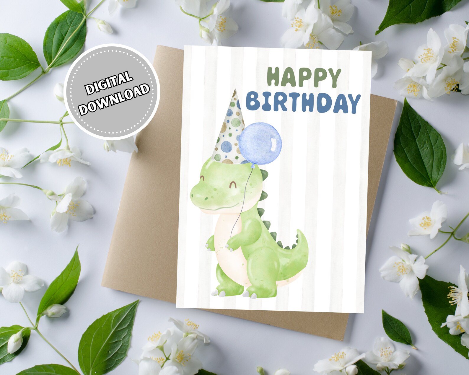 Dinosaur Happy Birthday Card for Boy, 5x7 Printable Blank Greeting Card ...
