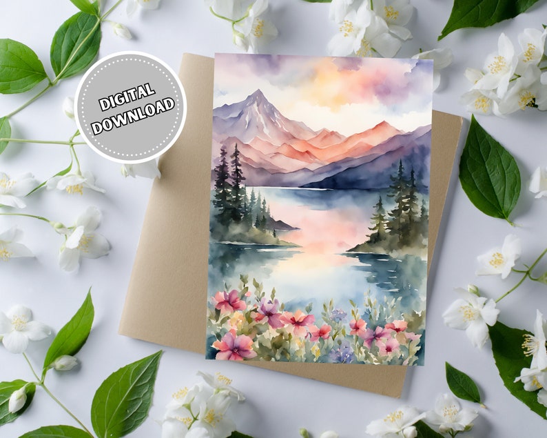 Mountain Lake Greeting Card for Any Occasion, 5x7 Printable Blank Note ...