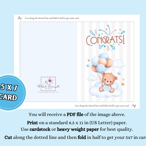 Congrats Baby Shower Greeting Card for Boy, 5x7 Printable Blank ...
