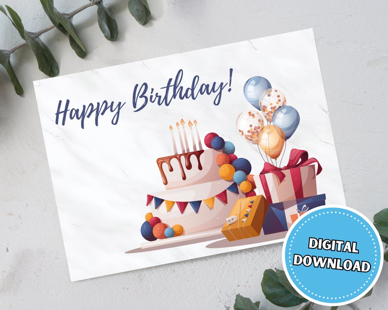 Happy Birthday Card for Boy With Cake and Balloons, 5x7 Printable ...