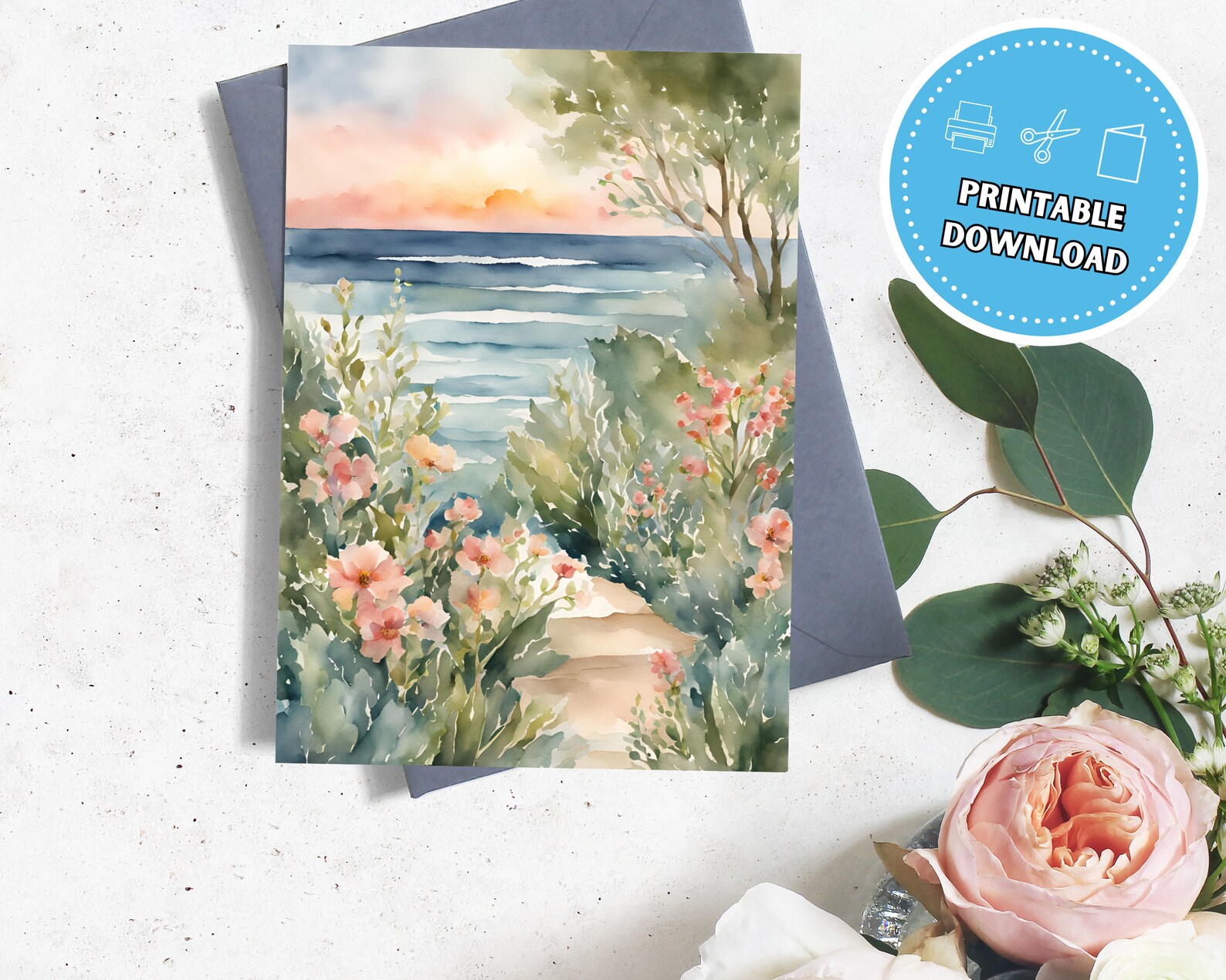 Coastal Beach Card for Any Occasion, 5x7 Printable Blank Greeting Card ...