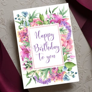 Birthday Card 5x7 Digital Download, Pink and Purple Flower Blank ...