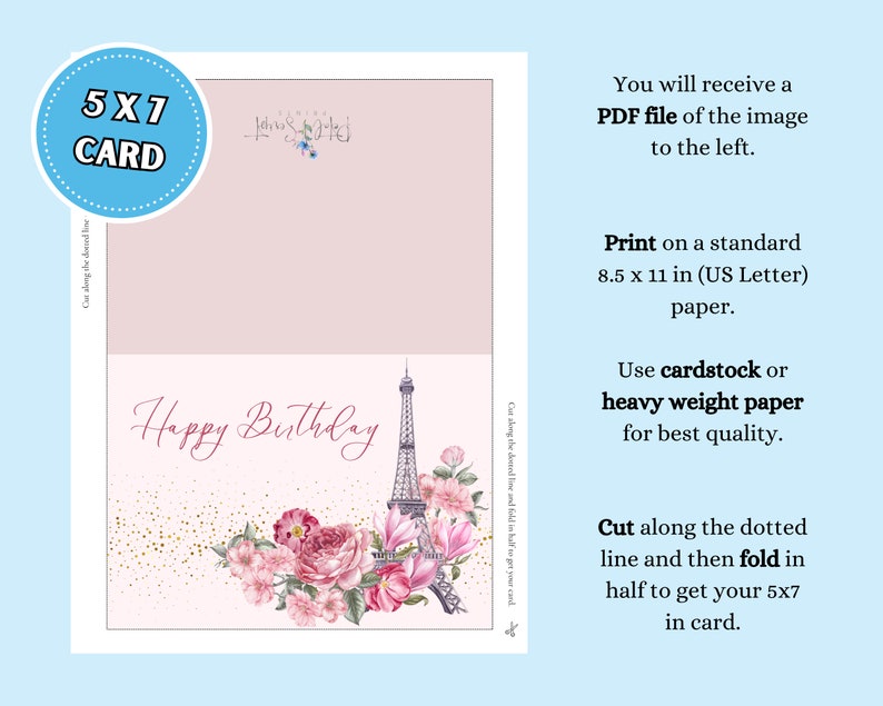 Happy Birthday Eiffel Tower Card, 5x7 Instant Download Parisian Blank ...
