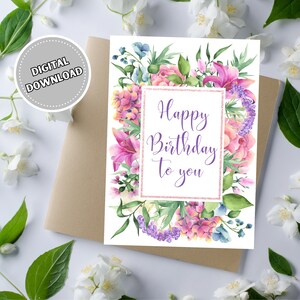 Birthday Card 5x7 Digital Download, Pink and Purple Flower Blank ...