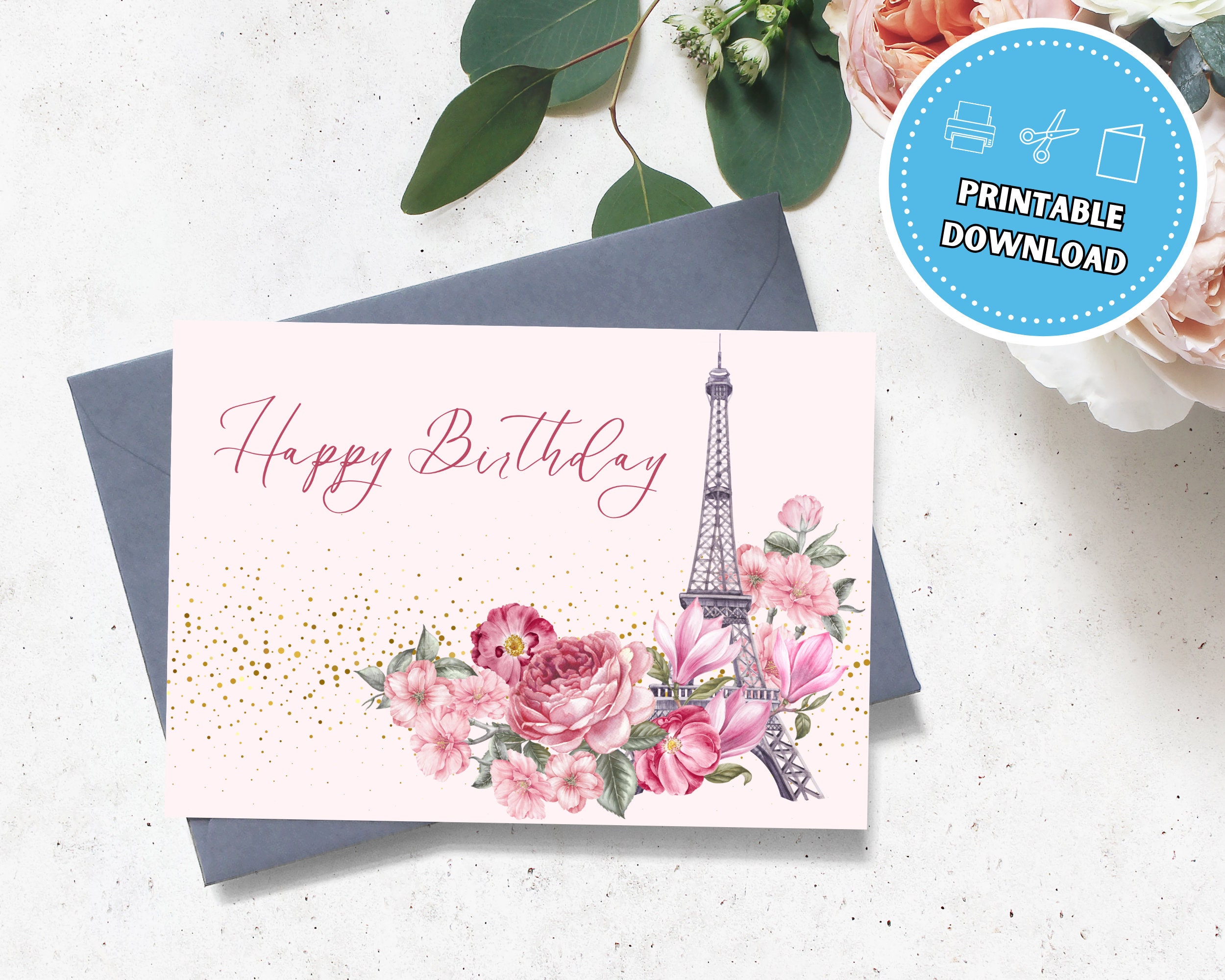 Happy Birthday Eiffel Tower Card, 5x7 Instant Download Parisian Blank ...