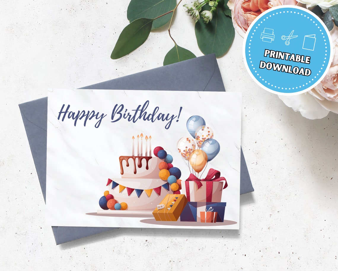 Happy Birthday Card for Boy With Cake and Balloons, 5x7 Printable ...
