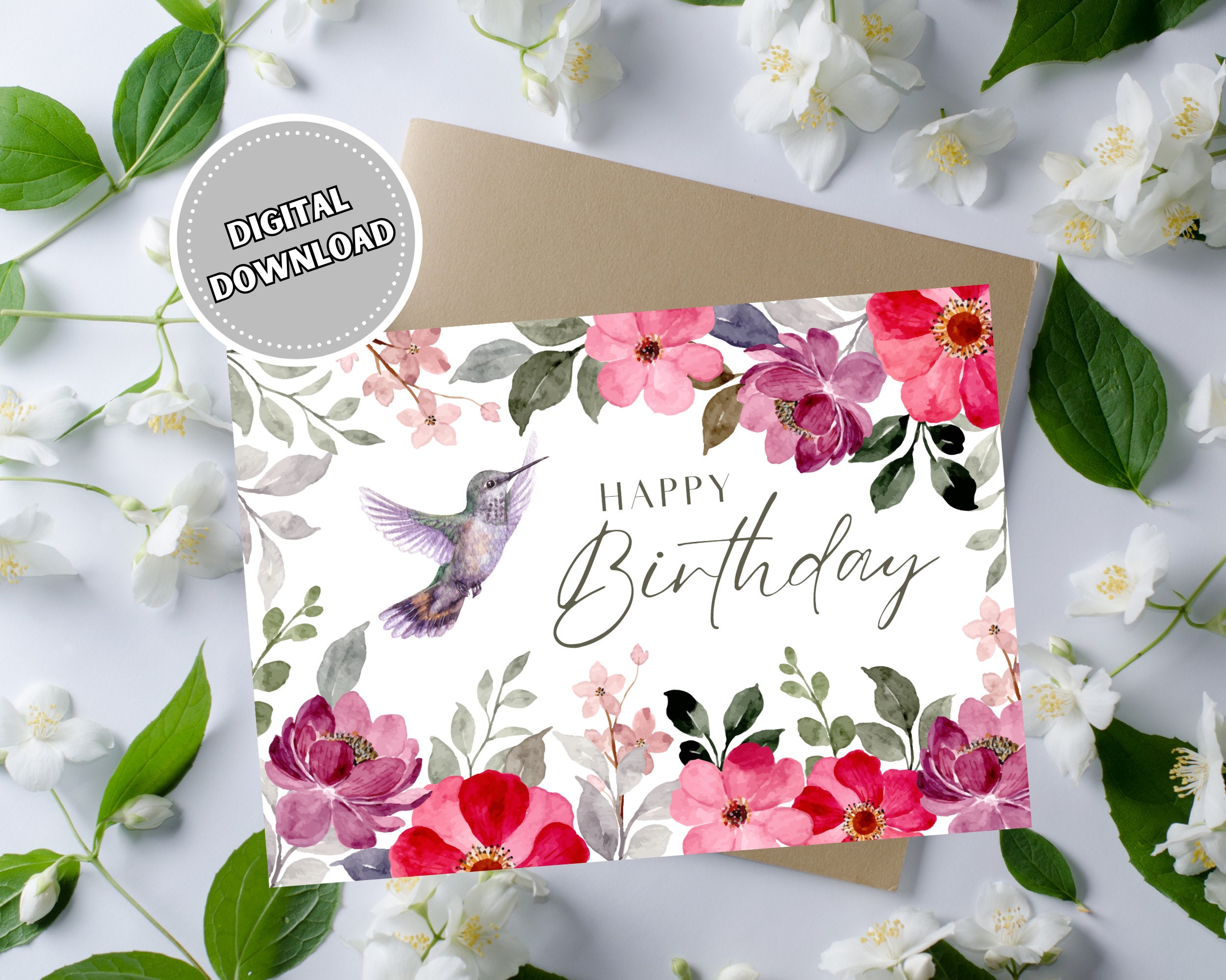Happy Birthday Watercolor Flower Greeting Card With Hummingbird, 5x7 ...