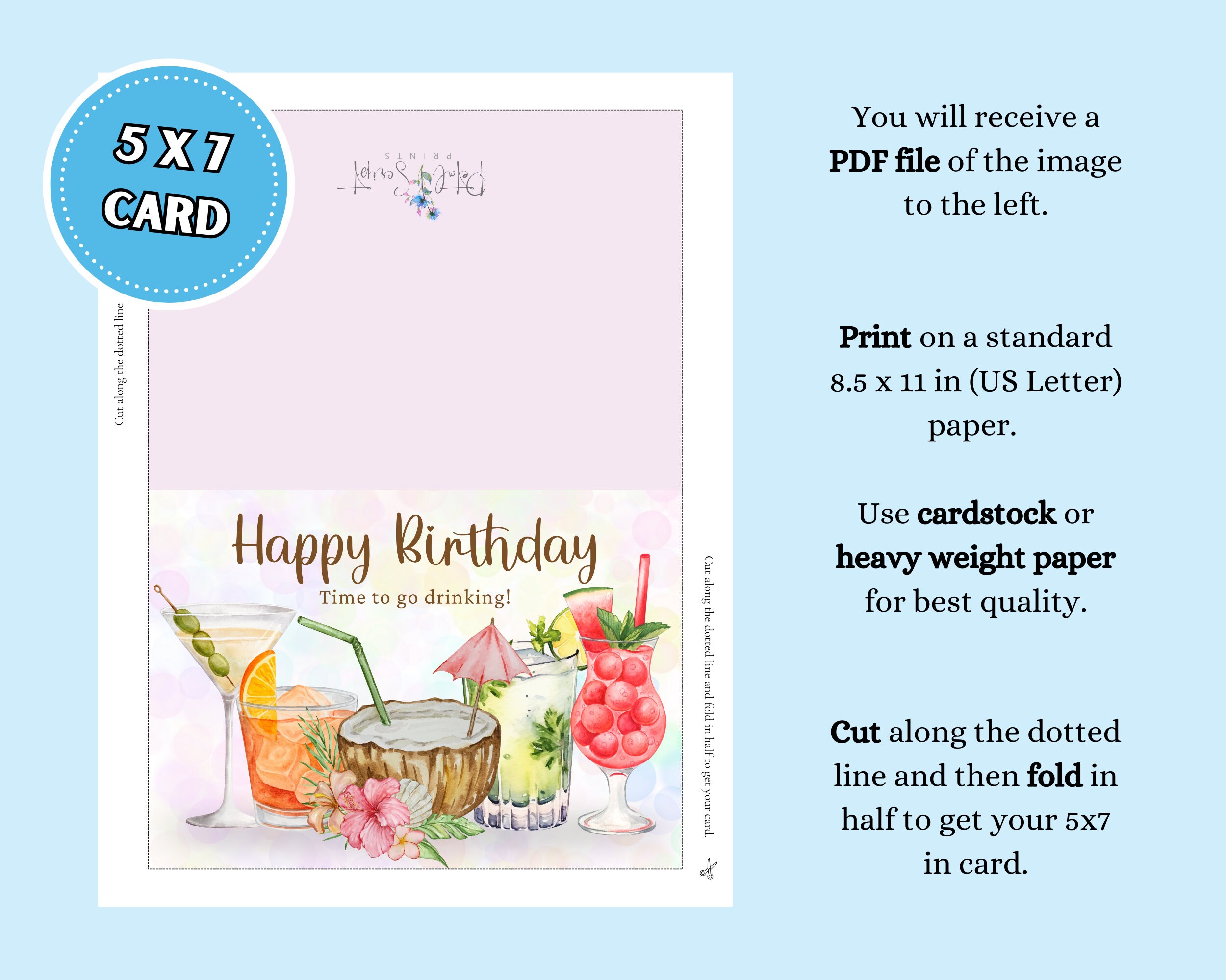 Adult Happy Birthday Card, 5x7 Printable Blank Greeting Card With ...