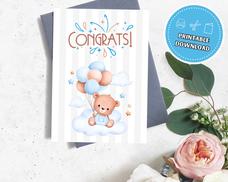 Congrats Baby Shower Greeting Card for Boy, 5x7 Printable Blank ...