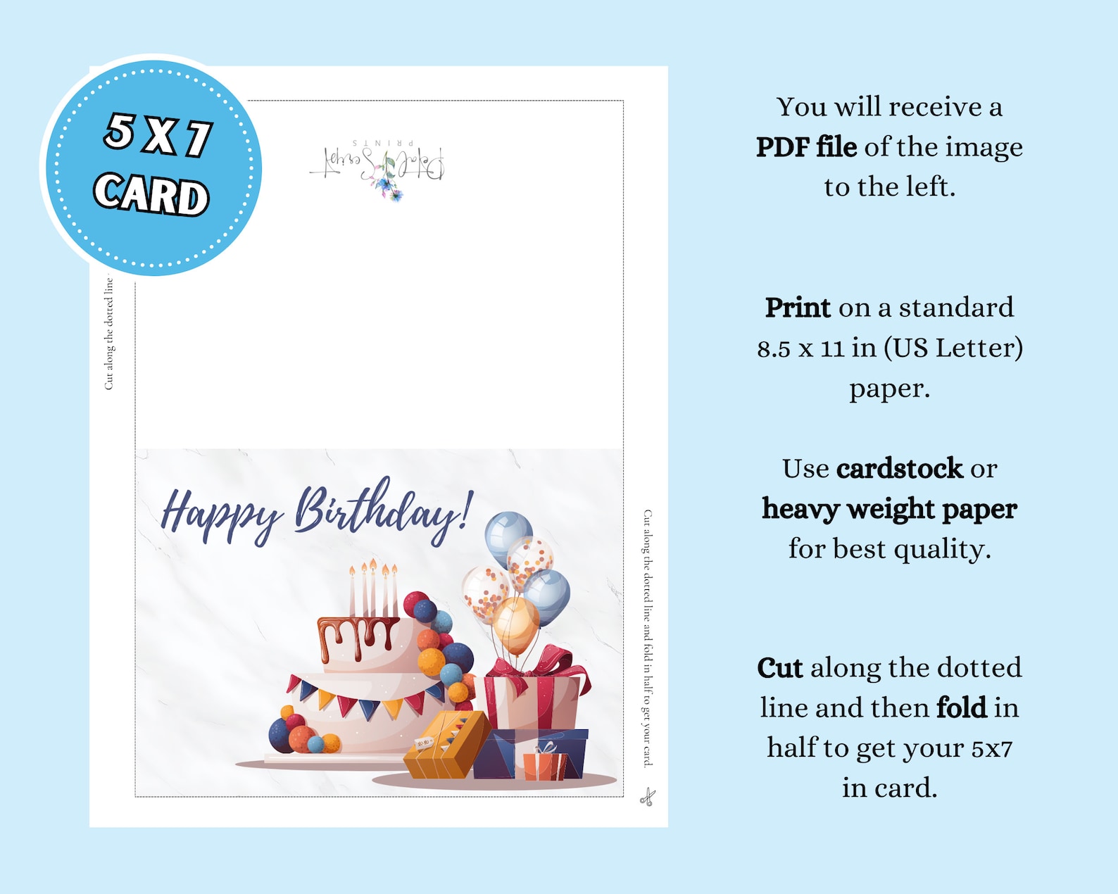 Happy Birthday Card for Boy With Cake and Balloons, 5x7 Printable ...