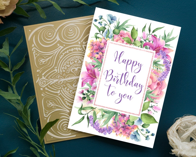 Birthday Card 5x7 Digital Download, Pink and Purple Flower Blank ...