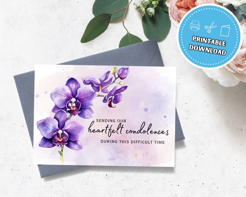 Sympathy Card With Purple Orchid for Mourning and Loss, 5x7 Printable ...